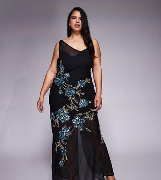 Asos Curve ASOS DESIGN Curve - Robe longue transparente avec fleurs &agrave; ornements - Noir