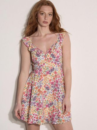 Apricot Minikleid Vintage Mini-Kleid mit Blumenmuster und R&uuml;schen