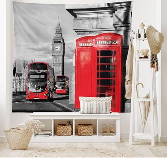 Abakuhaus Europa Wandteppich und Tagesdecke, London Retro Telefonzelle aus Weiches Mikrofaser Stoff Waschbar ohne Verblassen Digitaldruck, 230 x 140 cm,Rot Grau