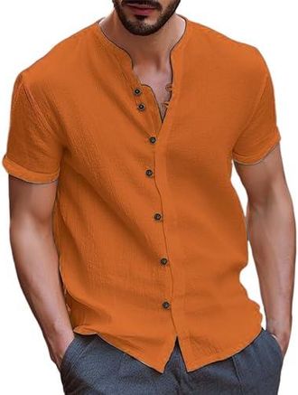 Generic Chemise en lin &agrave; manches courtes boutonn&eacute;e pour homme - Couleur unie - Pour la plage, le travail, le travail - Chemise hawa&iuml;enne l&eacute;g&egrave;re - Coupe r&eacute;guli