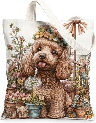 Generic Sac fourre-tout en toile r&eacute;utilisable avec motif caniche printanier, 33 x 38,1 cm, motif chiot de campagne de ferme, sac d&eacute;picerie pour femme, ferme, 