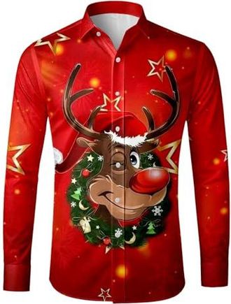 Generic Chemise No&euml;l Homme Manches Longues, T Shirt Moche Homme Imprim&eacute; 3D Drole Renne Col Rabattable Slim Fit Christmas Pull Moche De Noel Button Down D&eacute;cont