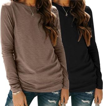 Zeagoo Hauts à Manches Longues pour Femmes T Shirt Basiques à Col Rond T-Shirts Tunique Décontractés Lot de 2 Automne Noir + Marron XXL