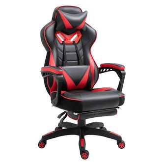 Vinsetto Ergonomischer B&uuml;rostuhl, Gaming Stuhl, Drehstuhl mit einziehbare Fu&szlig;st&uuml;tze und Verstellbarer R&uuml;cken Schaumstoff+PU-Leder+Metall, Schwarz+Rot, 65 x 70 