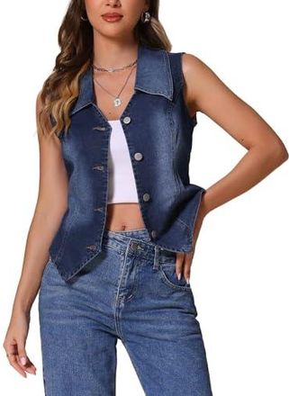 Allegra K Gilet en Jean femme Blouson sans Manches en Denim D&eacute;lav&eacute; Veste Bouonn&eacute; &agrave; Col en V Bleu Profond XL