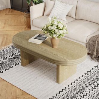 STILVORA Table Basse Ovale Cannel&eacute;e avec Pieds, Plateau Aspect Bois, Style Mid-Century Moderne, en MDF, 120&times;60&times;41,5 cm, Naturel