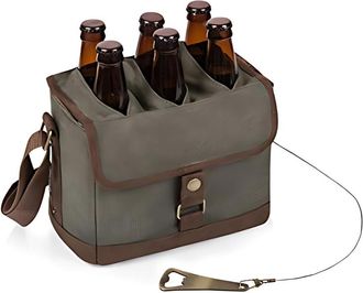 Picnic Time Bierkorb mit Flaschenöffner, 6er-Pack Getränkekühler, Tragetasche für Herren, Khaki-Grün mit braunen Akzenten