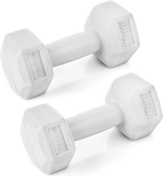 Spokey Spokey MONSTER II Set mit zwei PVC-beschichteten Zementhanteln Gym Training Hanteln mit sechseckiger Form, Gewichtsvarianten ab 1, hellgrau