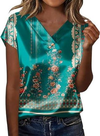 Generic Chemisier vintage &agrave; manches courtes et col en V pour femme | Chemise d&eacute;t&eacute; douce et l&eacute;g&egrave;re pour un usage quotidien, les vacances, les voyages, Vert, 3X