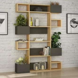 Dmora Bücherregal Thetis, Büroregal, Mobiler Buchhalter, Bücherbrett, 120x20h171 cm, Eiche und Anthrazit