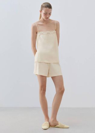 Mango Top coton bretelles dentelle jaune pastel - Femme - S - MANGO