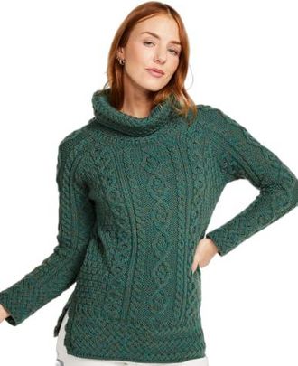 Carraig Donn Aran Woollen Mills Pull en laine mérinos à col roulé ventilé Vert Connemara Taille S