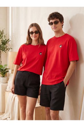 Trendyol MAN Herren Rot Bestickt Kurz Oversize T-Shirts