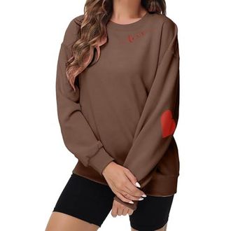 Generic Sweat-shirt de Saint-Valentin 2026 pour femme, pull graphique imprim&eacute; coeur, mignon, manches longues, col rond, hauts d&eacute;contract&eacute;s, caf&eacute;, XXL