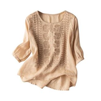 Generic Cocila Blouse Dentiste Chemise Patchwork en Coton Et Lin Brod&eacute;e pour Femme T Shirt Papa Fille Top Chic &Eacute;l&eacute;gant Chemisier Manche Courte Tunique Longue 