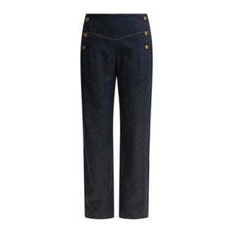 Ines De La Fressange Pantalon large taille haute &agrave; boutons - Femme - Jeans - Bleu - Taille: 38 FR