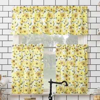 No. 918 Sunbeam Sonnenblumen-Print Halbstuch-Vorhang-Set für die Küche, 137,2 x 61 cm, 3-teilig, Gelb