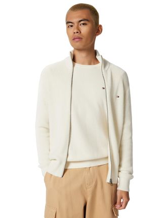 Tommy Hilfiger Herren Strickjacke Cardigan mit Rei&szlig;verschluss Rib Zip Through Baumwolle, Wei&szlig; (Ivory), S