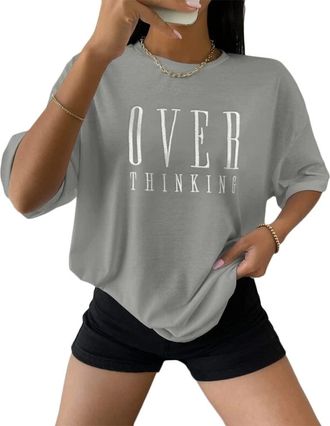 TOMWELL Damen Tshirt Kurzarm Sommer Oberteile Oversized T-Shirt mit Buchstaben Druck Lose Rundhals Sport Shirt Teenager Mädchen Top Tunika Lang A Hellgrau XXL