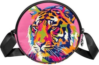 Generic Sac &agrave; bandouli&egrave;re rond rond pour femme, motif tigre color&eacute;, avec fermeture &eacute;clair, bretelles r&eacute;glables, style d&eacute;contract&eacute;