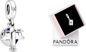 Pandora Charm Anhänger Flugzeug Propellerflugzeug 798027CZ Moments Aufklappbarer Reisepass Charm-Anhänger aus Sterling Silber mit blauem Cubic Zirkonia, Kompa