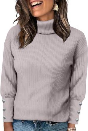 Generic Pull à col roulé pour femme avec boutons - Pull dhiver en tricot - Manches longues - Coupe ajustée - Col roulé - Haut chaud - Décontracté, Gris (01), 