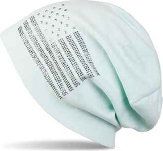 styleBREAKER Beanie M&uuml;tze USA Flaggen Design mit Strass-Applikationen, Unisex, Jersey leicht &Uuml;bergang Fr&uuml;hling Herbst, Farbe:Mint