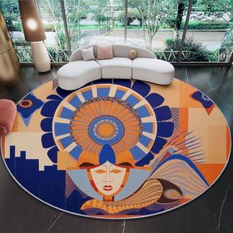 Generic Home Tapis Rond Life Tapis de Jeu, 120 cm (Round) pour la Chambre, Convient aux Enfants Art g&eacute;om&eacute;trique r&eacute;tro Facile dentretien, r&eacute;sistant Bleu