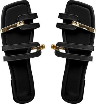 Generic Sandales dété plates pour femme - Grande taille - Avec design bloc de couleur - Pour femme - Largeur H, Noir, 44 EU