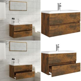 vidaXL Waschbeckenschrank mit Einbaubecken R&auml;uchereiche Holzwerkstoff - Waschtisch - Badezimmerm&ouml;bel - Holzschrank - K&uuml;chenarbeitsplatten - M&ouml;bel Online