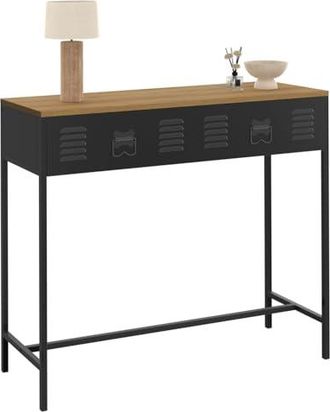 IDMarket Console 1 tiroir Ester métal Noir Plateau Bois Design Industriel