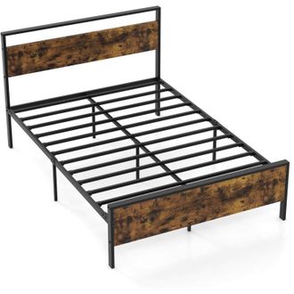Costway Costway - Cadre de Lit M&eacute;tal Double 200x140CM avec T&ecirc;te & Pied de Lit en Bois, Lattes en M&eacute;tal Robustes, Espace sous le Lit, Pas Besoin de Sommier