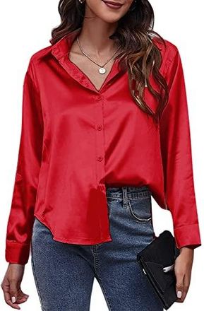 Feoya Chemise boutonn&eacute;e &agrave; manches longues en satin synth&eacute;tique doux pour femme - Col en V &eacute;l&eacute;gant - Pour d&eacute;contract&eacute;, formel, travail, couleur unie - S-XXL,