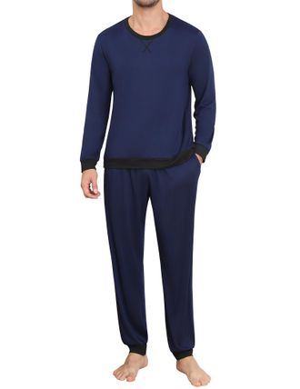 Ekouaer Herren Schlafanzug Lang Pyjama Langarm Winter Nachtw&auml;sche Schlafanz&uuml;ge f&uuml;r M&auml;nner Zweiteiliger Sleepwear mit B&uuml;ndchen und Taschen,Navyblau,XXL