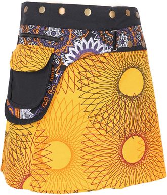 Guru Shop Wickelrock, Kurzer Fusion Mandala Goa Rock, Cacheur mit Druckkn&ouml;pfen - Gelb, Damen, Baumwolle