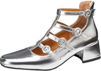 Generic Mary Janes métalliques pour Femmes à Bout carré Pompes avec Boucle en T Chunky Block Heel Chaussures habillées élégantes pour Une soirée de fête,Argen