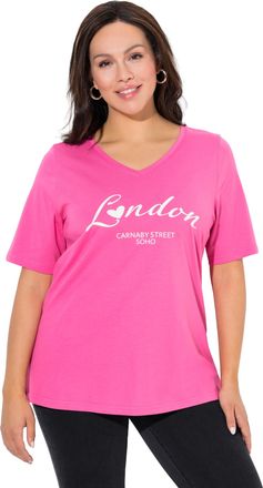 Ulla Popken Damen gro&szlig;e Gr&ouml;&szlig;en &Uuml;bergr&ouml;&szlig;en Plus Size T-Shirt, City-Schriftzug, Slim, V-Ausschnitt, Halbarm pink 50+ 847248802-50+