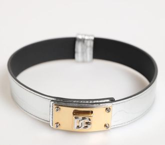 Dolce & Gabbana Mens Silver Textured Leather Gold Tone Metal Neckband Accessory