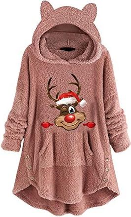 Generic Vestes pour femmes 2026 Manteau &eacute;pais de No&euml;l Manteau chaud &agrave; manches longues Imprim&eacute; cerf Pull &agrave; capuche Veste avec poche, rose, XXL