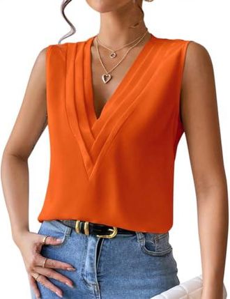 ORANDESIGNE Débardeur Femme Chic Et Élégant Top Chemisier Sexy Blouse Ample Haut Été sans Manches Tee Shirt Col V Fluide Mode Casual Chemise Classique Debardeur T