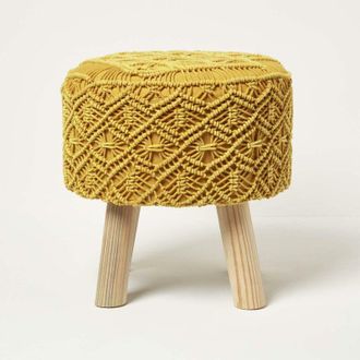 Homescapes Pouf boh&egrave;me macram&eacute; Willow sur pieds, Jaune