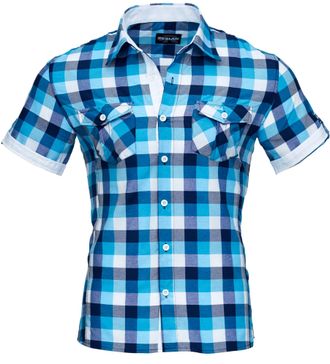 Reslad Herren Hemd Kurzarm M&auml;nner kurz&auml;rmeliges Freizeithemd Sommerhemd Figurbetont karriertes Muster RS-7065 T&uuml;rkis Wei&szlig; XXL