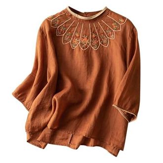 Generic T-shirt d&eacute;t&eacute; ethnique en lin pour femme - Manches 3/4 - Bloc de couleurs - Avec broderie, Orange, 3XL