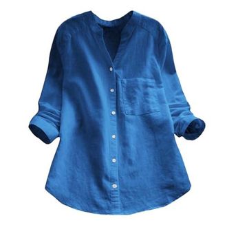 Generic Chemise d&eacute;t&eacute; boutonn&eacute;e en coton et lin &agrave; manches longues pour femme - Col en V - Style d&eacute;contract&eacute;, bleu, 5XL