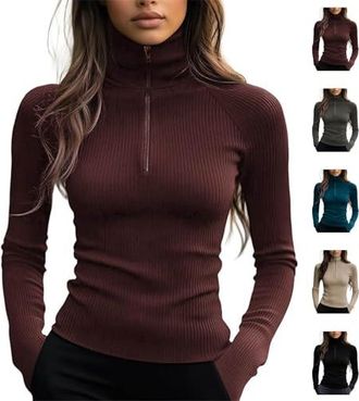 Generic Pull &agrave; col roul&eacute; c&ocirc;tel&eacute; pour femme - Couche de base thermique - Manches longues - Fermeture &eacute;clair, rouge fonc&eacute;, XXL