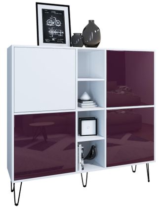 Vladon Highboard Havana V3, Kommode mit 4 Türen und 4 offene Fächer, Kommode Made in Germany, Weiß matt/Brombeer Hochglanz (130,5 x 124 x 35 cm)