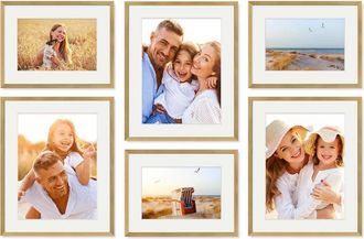 Photolini goldene Bilderrahmen Set verschiedene Größen, 6 MDF Holz Bilderrahmen mit Passepartout, Bilder Rahmen mit Acrylglas, No.9 Bilderrahmenset zum Aufhänge