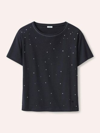 Walbusch T-Shirt Damen Baumwollshirt mit Glitzersteinen Rundhals Halbarm, pflegeleicht