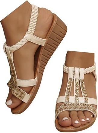 Generic Sandales compens&eacute;es pour femme 2026, strass scintillants, bride en T, sandales plates &agrave; bout ouvert, sandales orthop&eacute;diques habill&eacute;es avec sangle de c