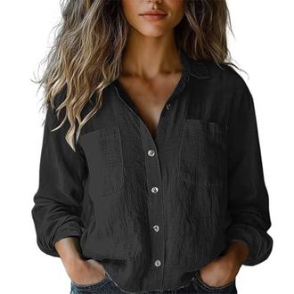 Generic Chemise d&eacute;contract&eacute;e en coton et lin pour femme - Manches longues - Couleur unie - Haut de travail ample avec poches - T-shirt &agrave; manches longues pour 